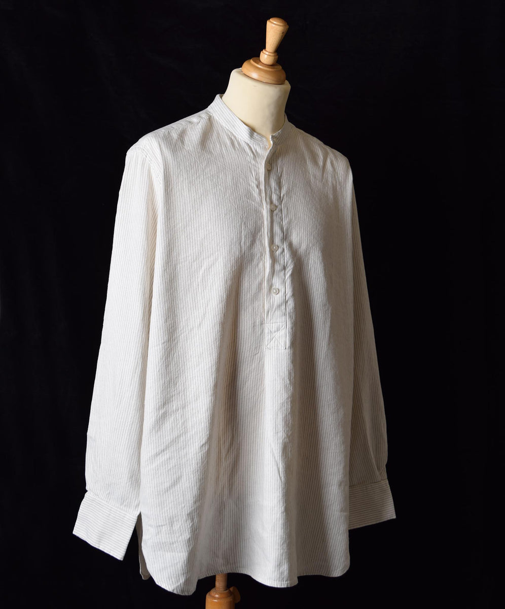 Linen / Cotton Stripe Grandad Work Shirt Without Pocket - Collar Attac ...